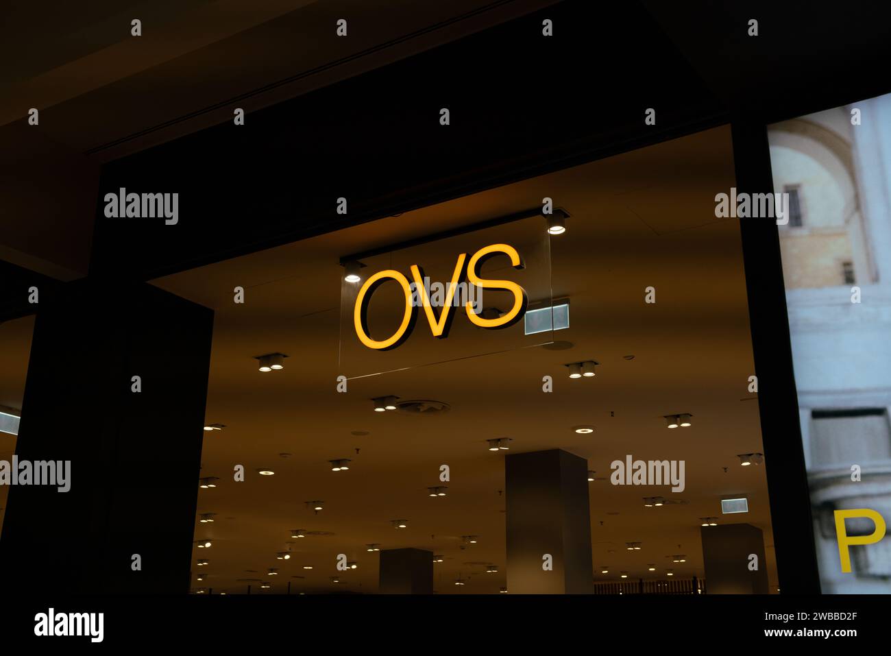 ovs shopping center logo, illuminated sign, seasonal sales period ...