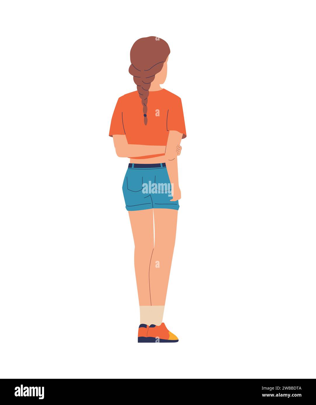 Cartoon girl standing with her back. Cute young woman in casual jeans ...