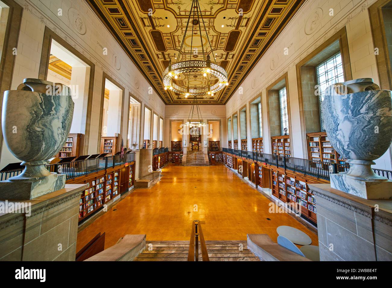 Grand Library Interior with Ornate Chandeliers and Marble Urns Stock ...