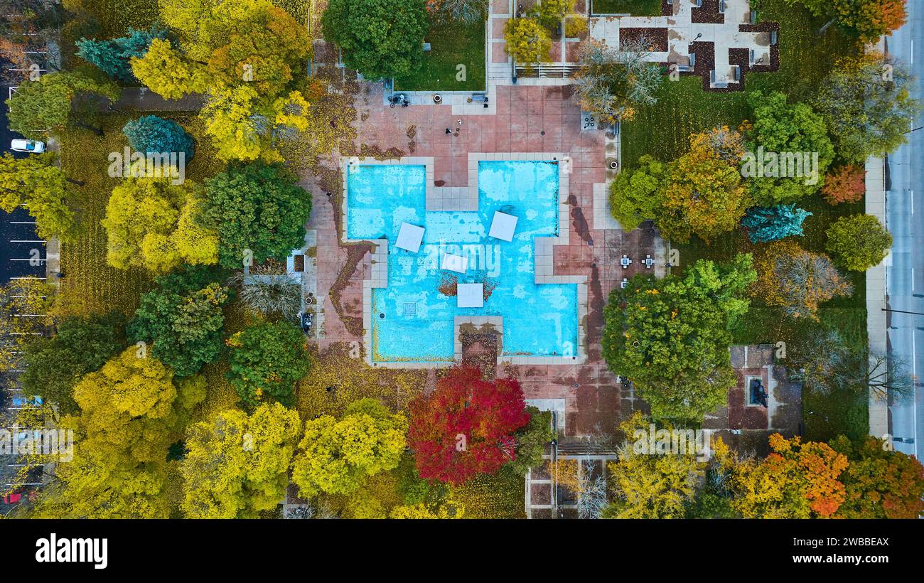 Aerial Top Down Autumn Park with Water Feature and Walkways in Fort ...