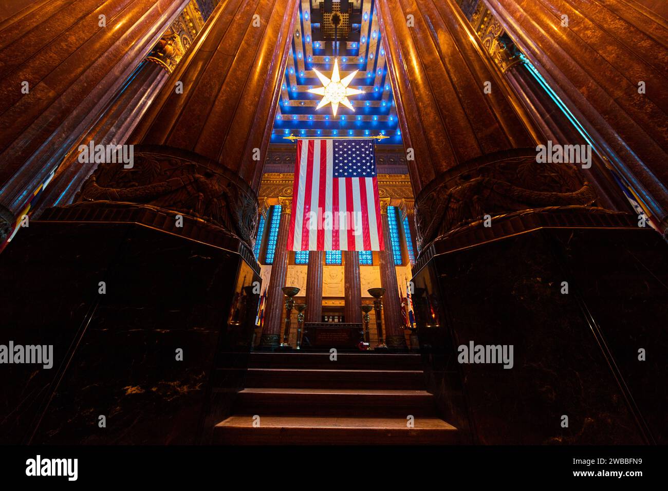 Grand American Flag in Memorial Hall with Podium and Columns Stock ...