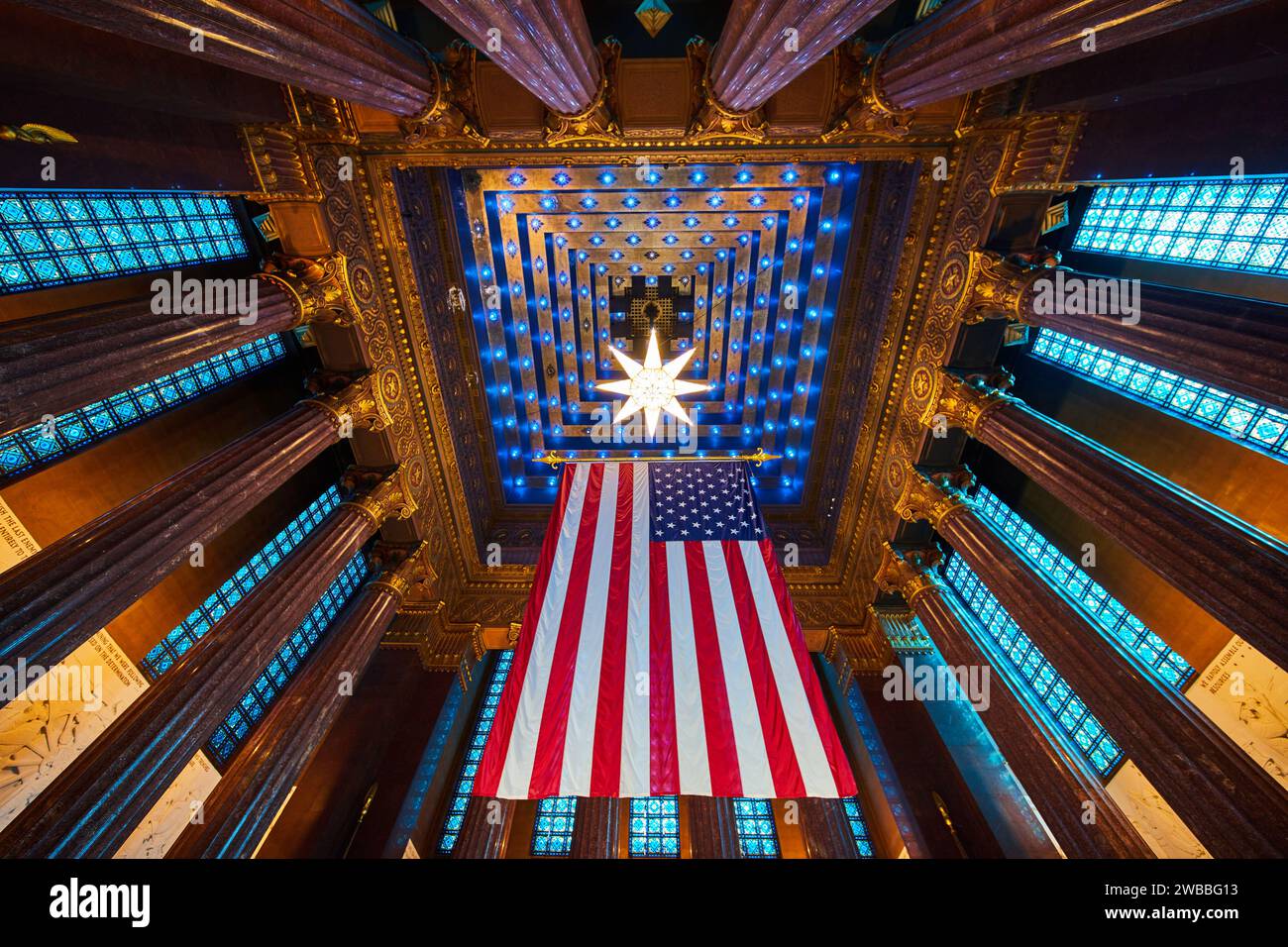 American Flag and Geometric Ceiling Lights in War Memorial Museum Stock ...
