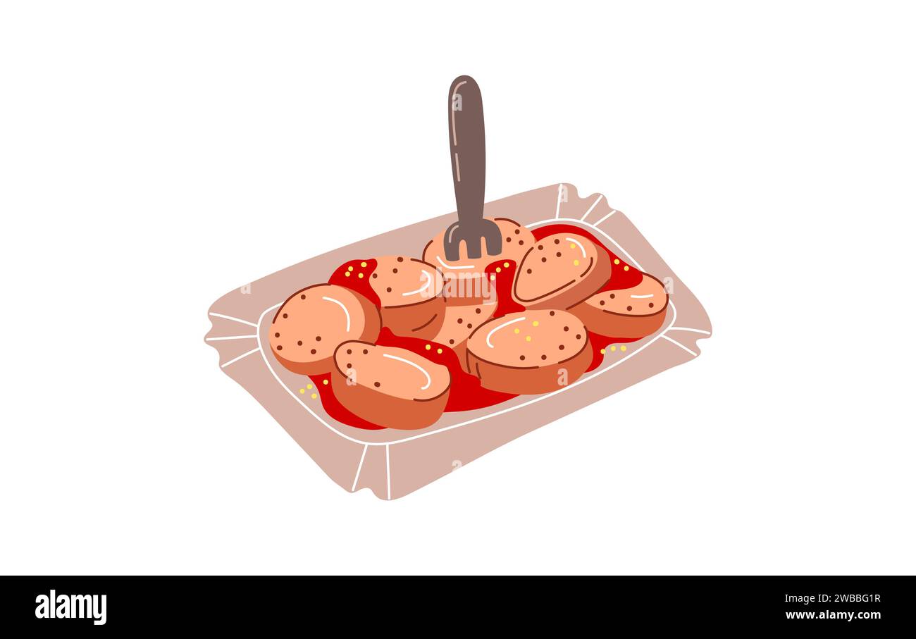 Currywurst german finger food with tomato sauce.Vector illustration ...