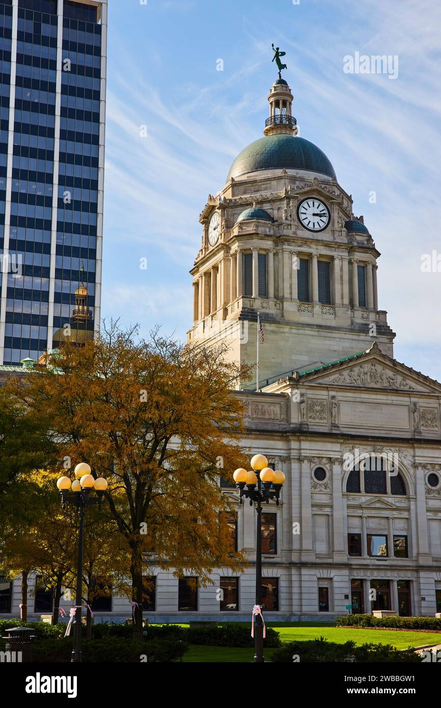 Historic Clock Tower and Modern Skyscraper Contrast, Fort Wayne Stock ...