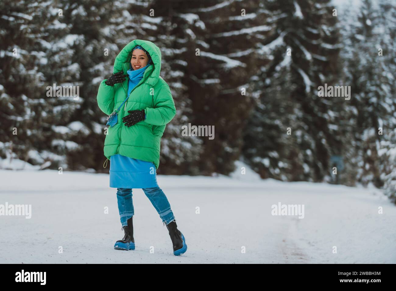 In the breathtaking snowy mountains, a beautiful woman in a hijab and ...