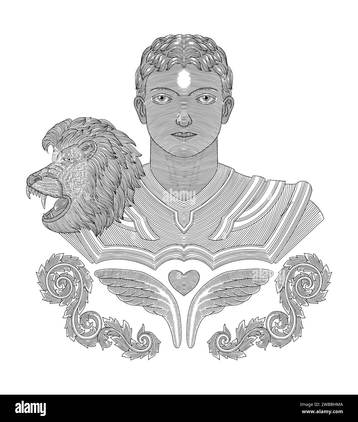 Leo man zodiac character design with wing and floral ornament, vintage ...