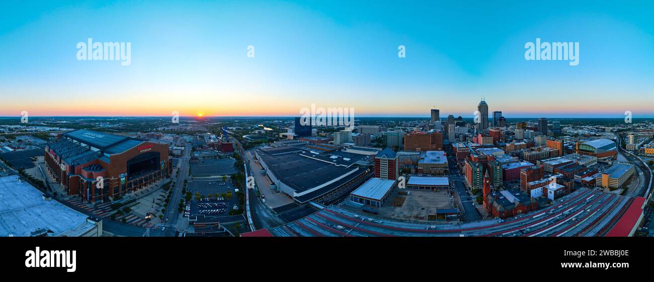 Aerial Panorama Indianapolis Skyline at Dusk with Stadium and Sunset ...