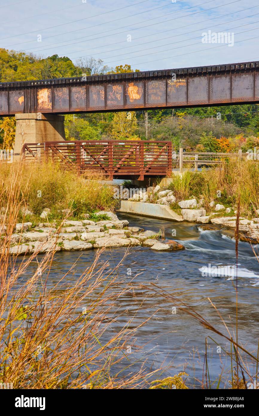 Old Railroad and Modern Footbridge Over Stream in Natural Setting Stock ...