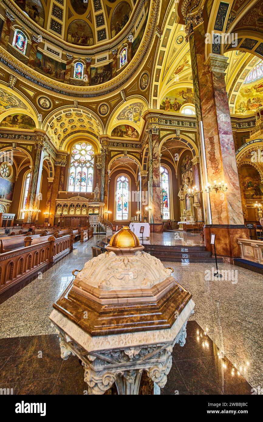 Grand Church Interior with Ornate Pulpit and Frescoes, Low Perspective ...