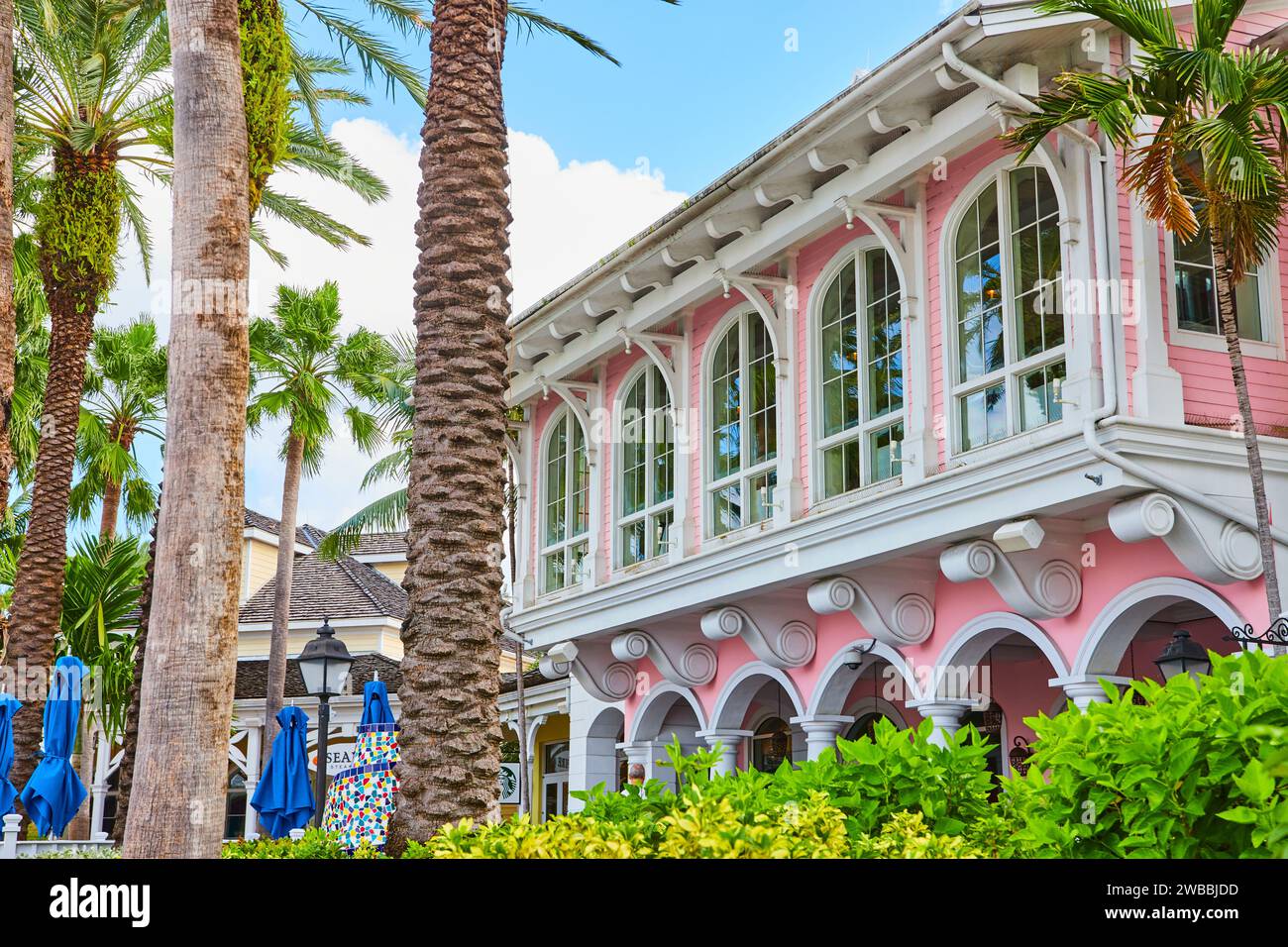 Tropical Pink Colonial Building with Palm Trees, Nassau Stock Photo - Alamy
