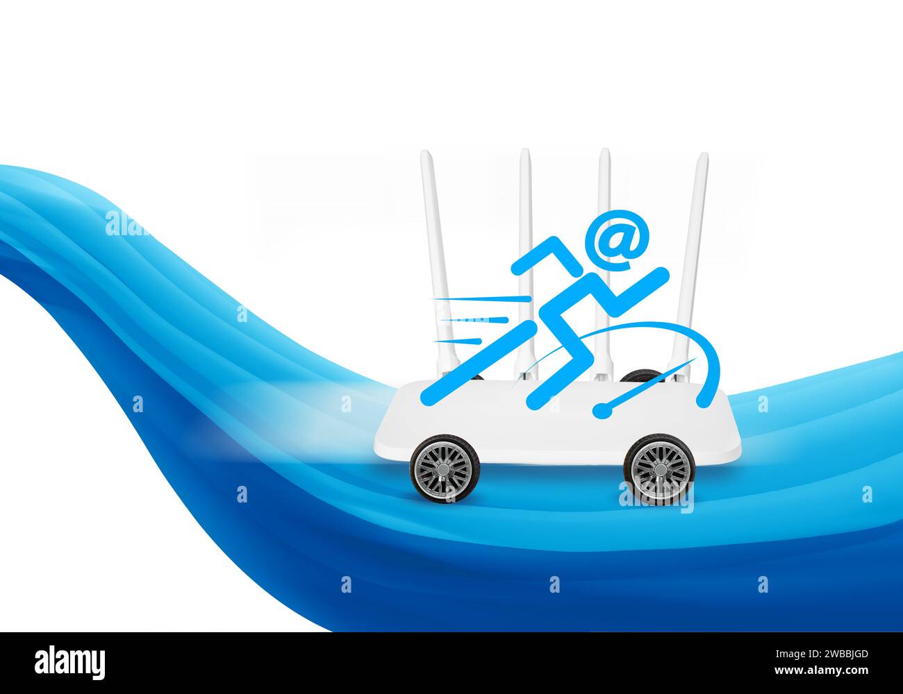 Fast internet connection. Wi-Fi router with wheels and human figure ...