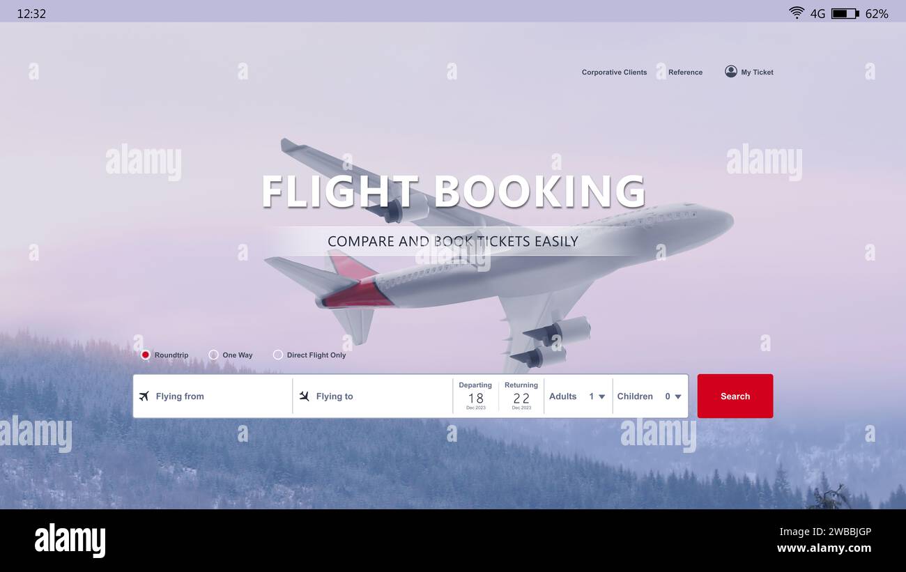 Online flight booking website interface with information Stock Photo ...