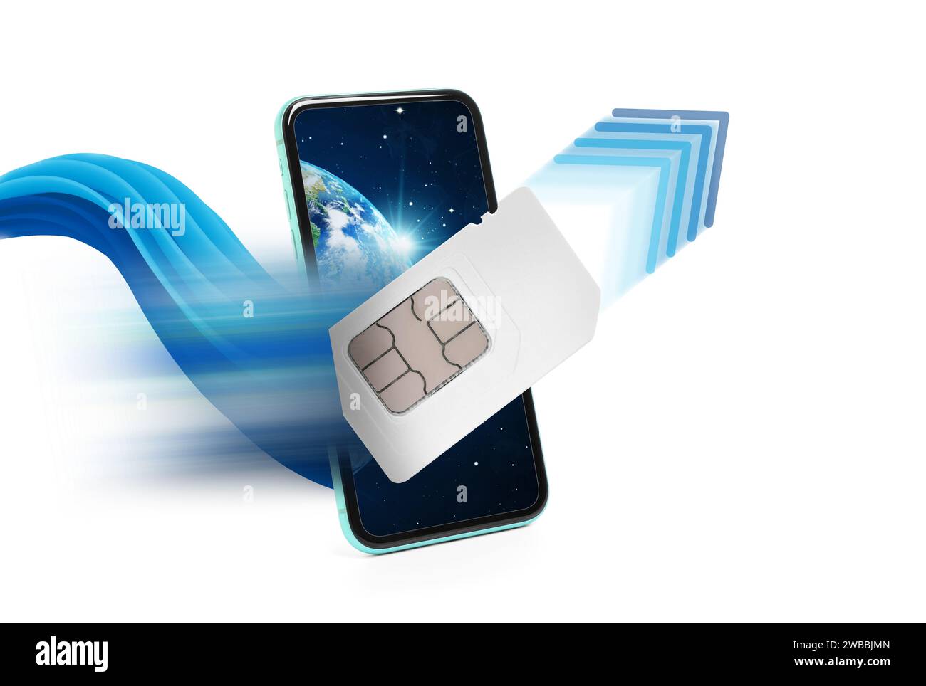 Fast internet connection. SIM card flying out of smartphone on white ...
