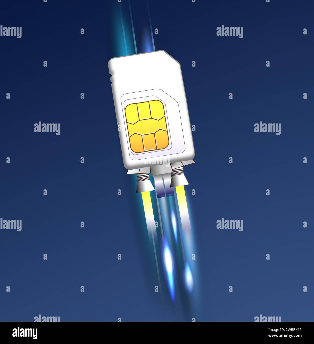 Fast internet connection. SIM card rocket flying on dark blue ...