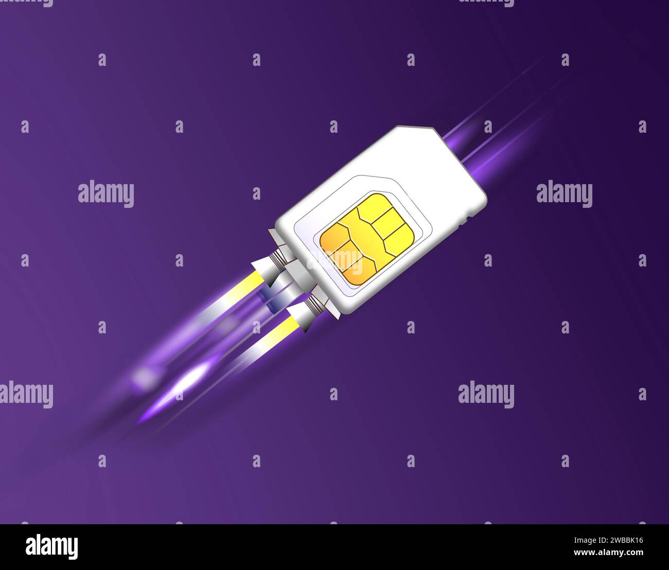 Fast internet connection. SIM card rocket flying on purple background ...