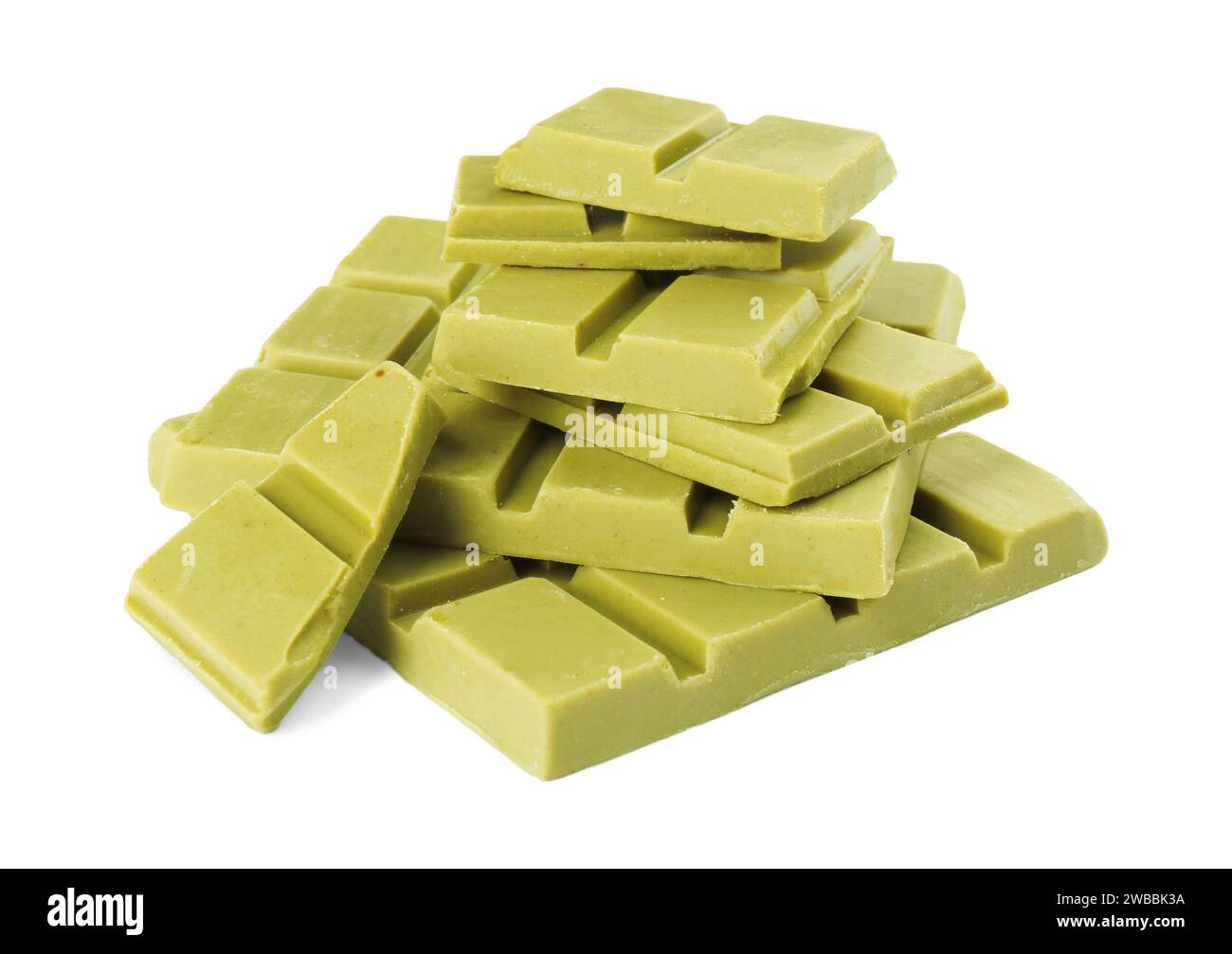 Pieces of tasty matcha chocolate bar isolated on white Stock Photo - Alamy