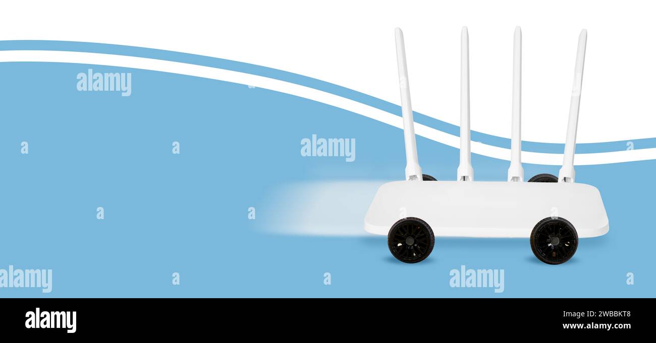Fast internet connection. Wi-Fi router with wheels riding on white ...