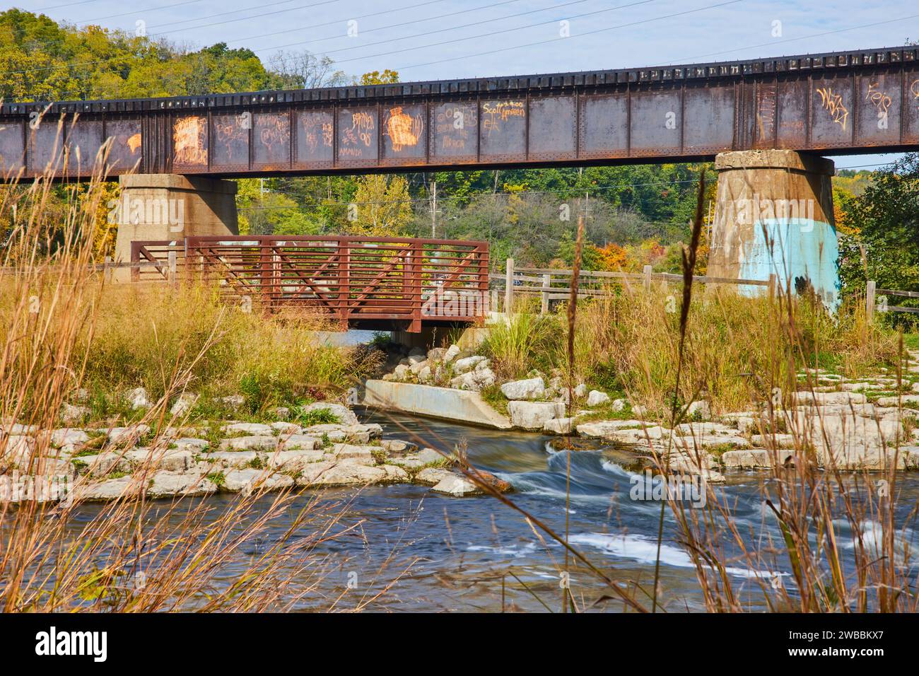 Autumnal Railroad and Pedestrian Bridges Over Huron River Stock Photo ...