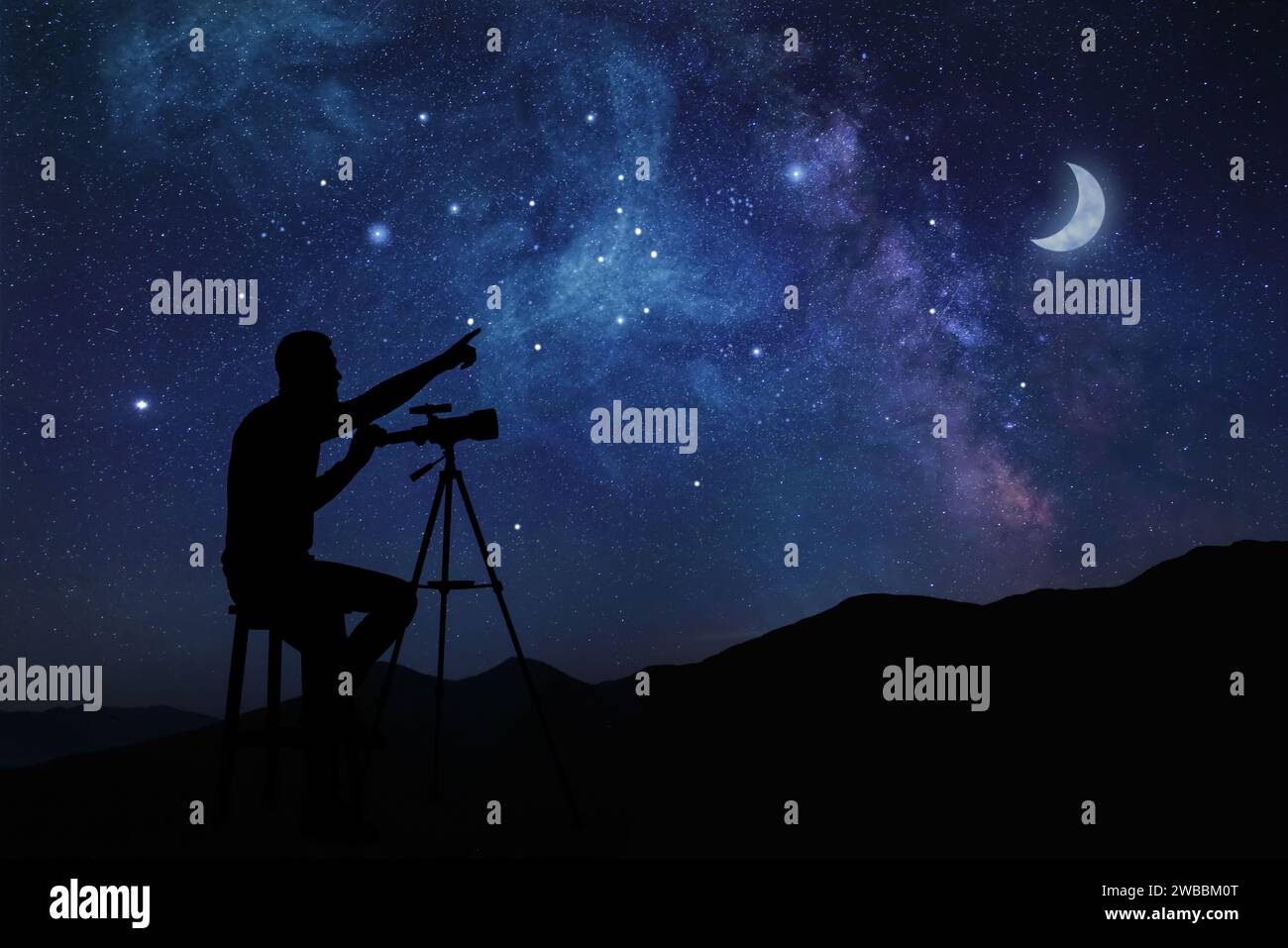 Astronomer with telescope pointing at starry sky outdoors Stock Photo ...