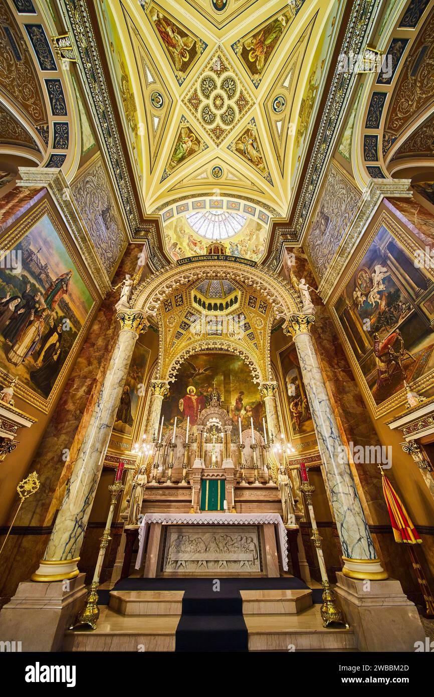 Grand Cathedral Interior with Ornate Altar and Ceiling, Low Angle View ...