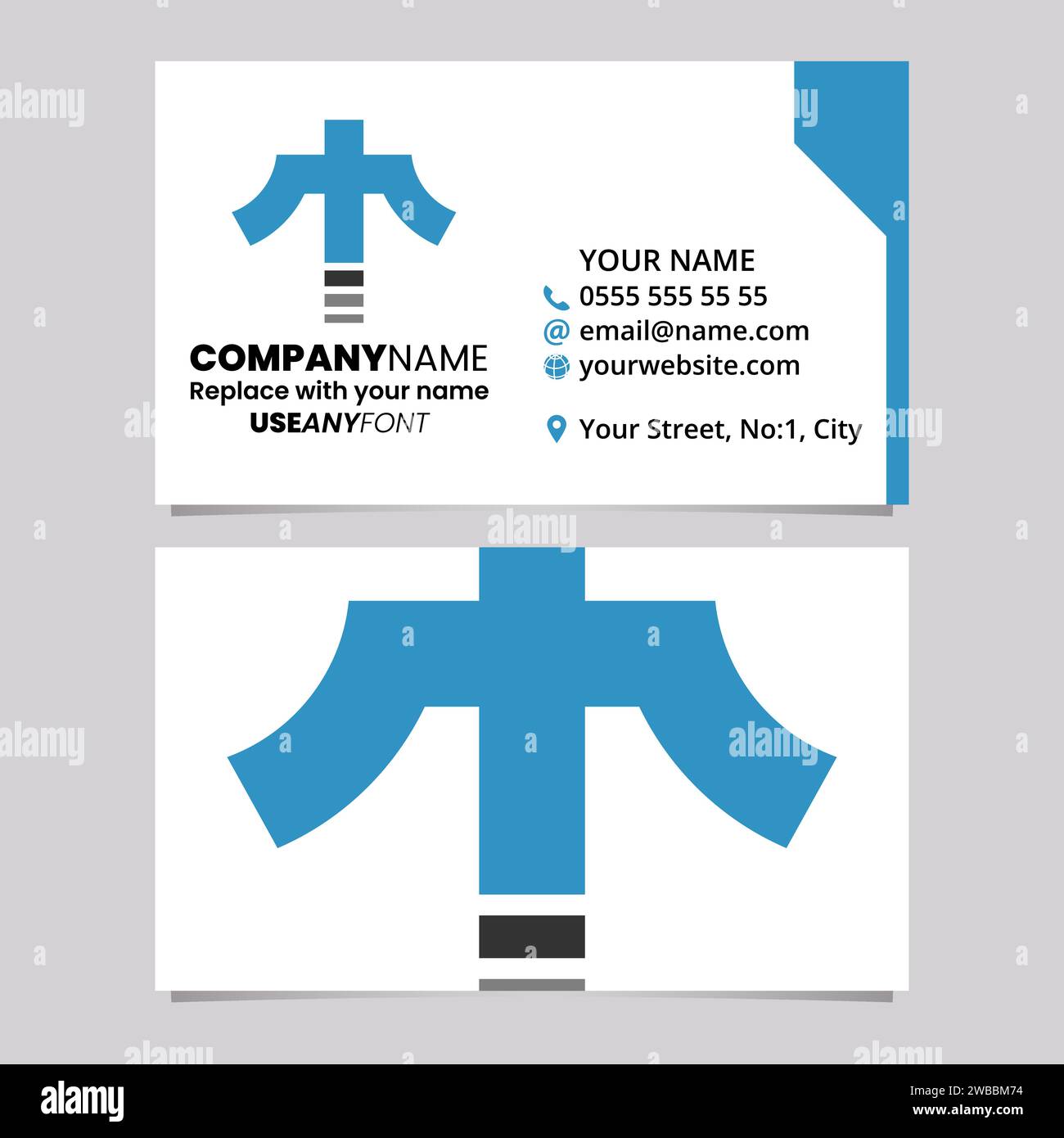 Blue and Black Business Card Template with Cross Shaped Letter T Logo ...