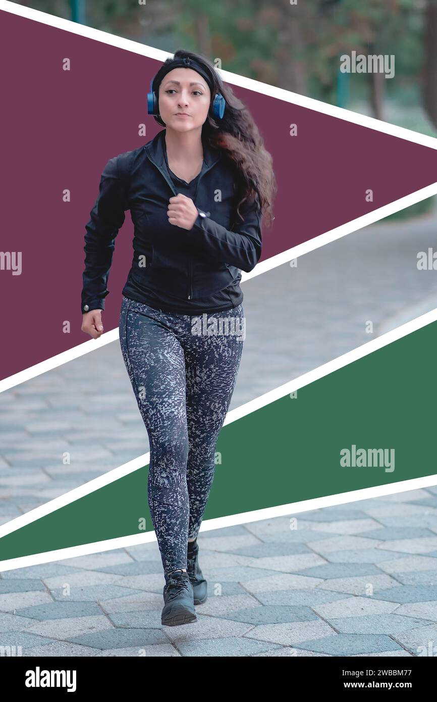 Woman running on the path of a park. Active sporty latina female ...