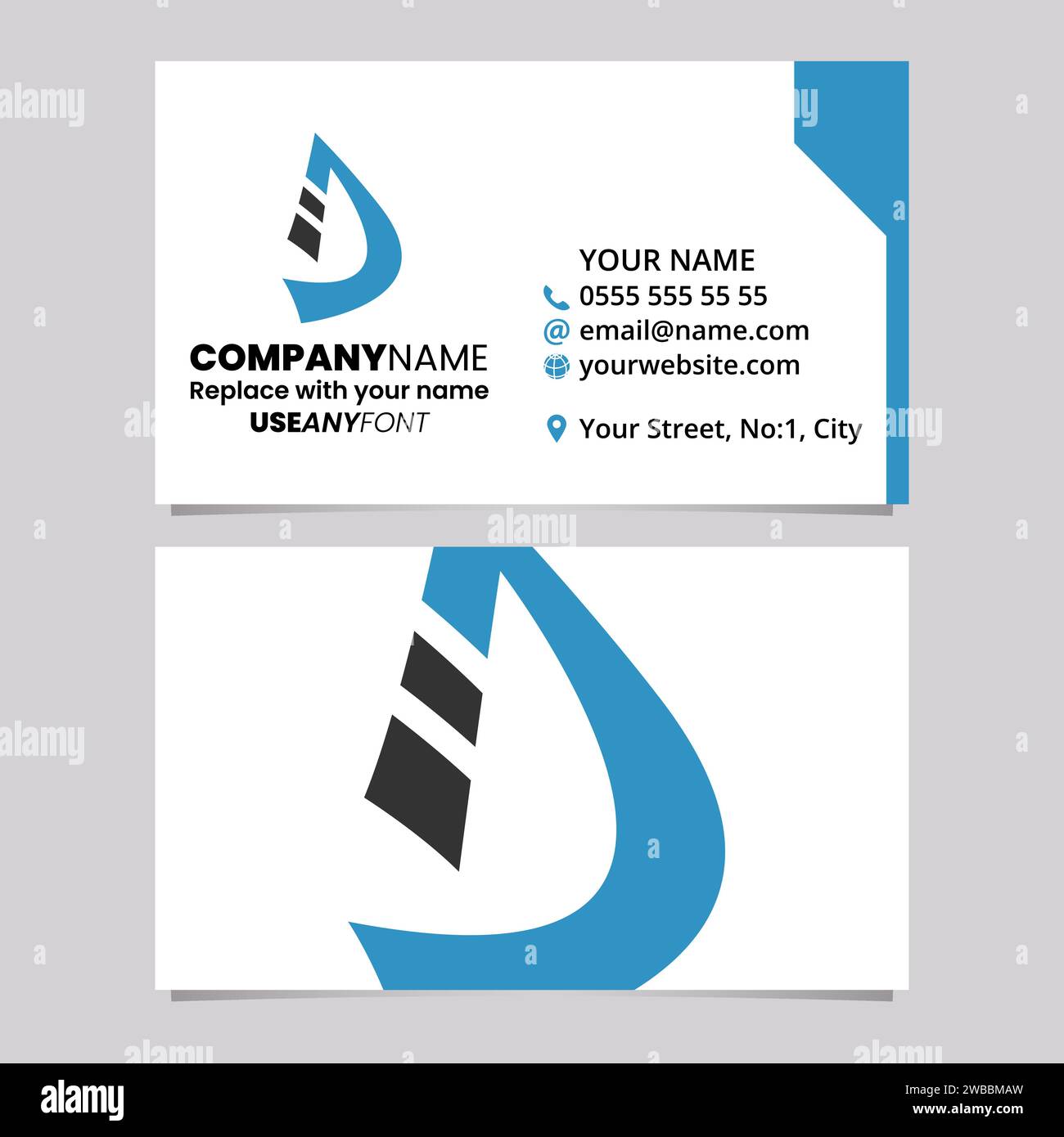 Blue and Black Business Card Template with Curved Striped Letter D Logo ...