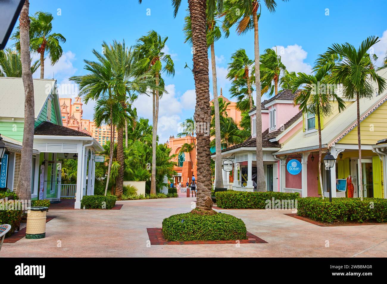 Tropical Resort Street with Palm Trees and Pastel Buildings Stock Photo ...