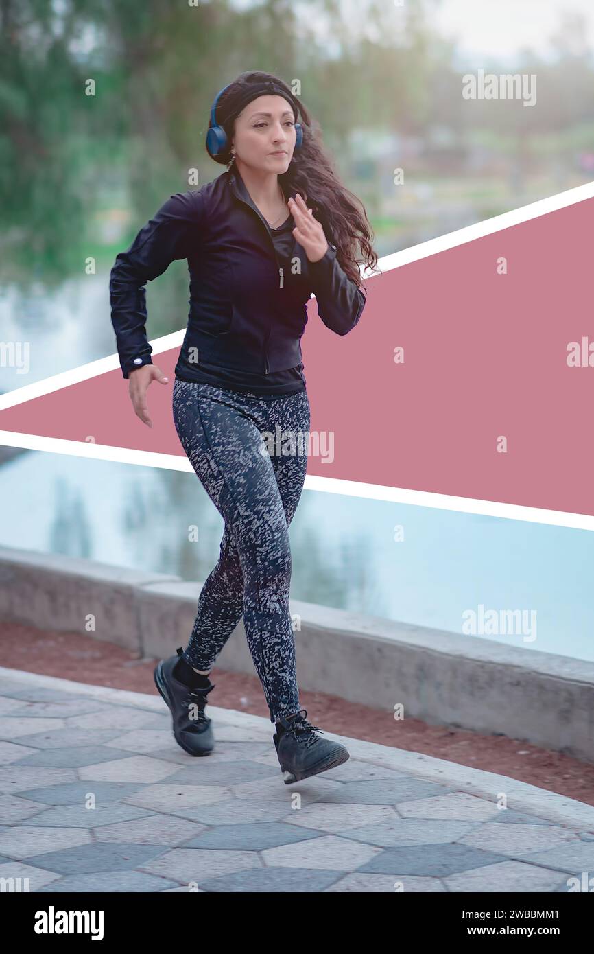 Woman running on the path of a park. Active sporty latina female ...