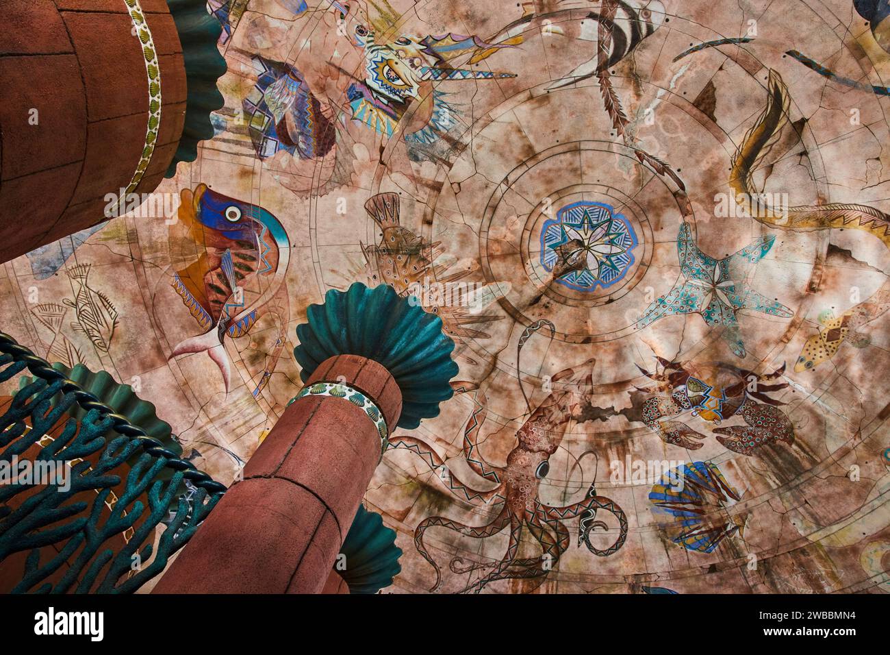 Vibrant Underwater Themed Ceiling Mural with Ornate Columns Stock Photo ...