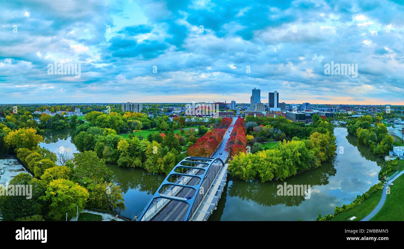 Aerial Panorama Autumn Sunset Skyline Over Fort Wayne River Stock Photo ...