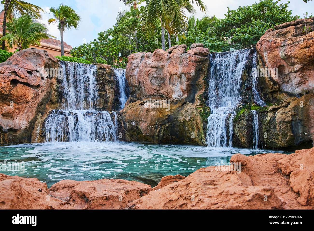 Tropical Waterfall Oasis with Palm Trees in a Lush Garden Stock Photo ...