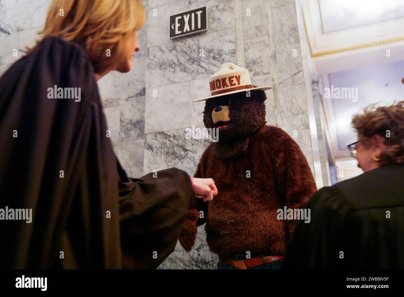 Smokey the Bear fist-bumps Justice Debra L. Stephens, left, before the ...