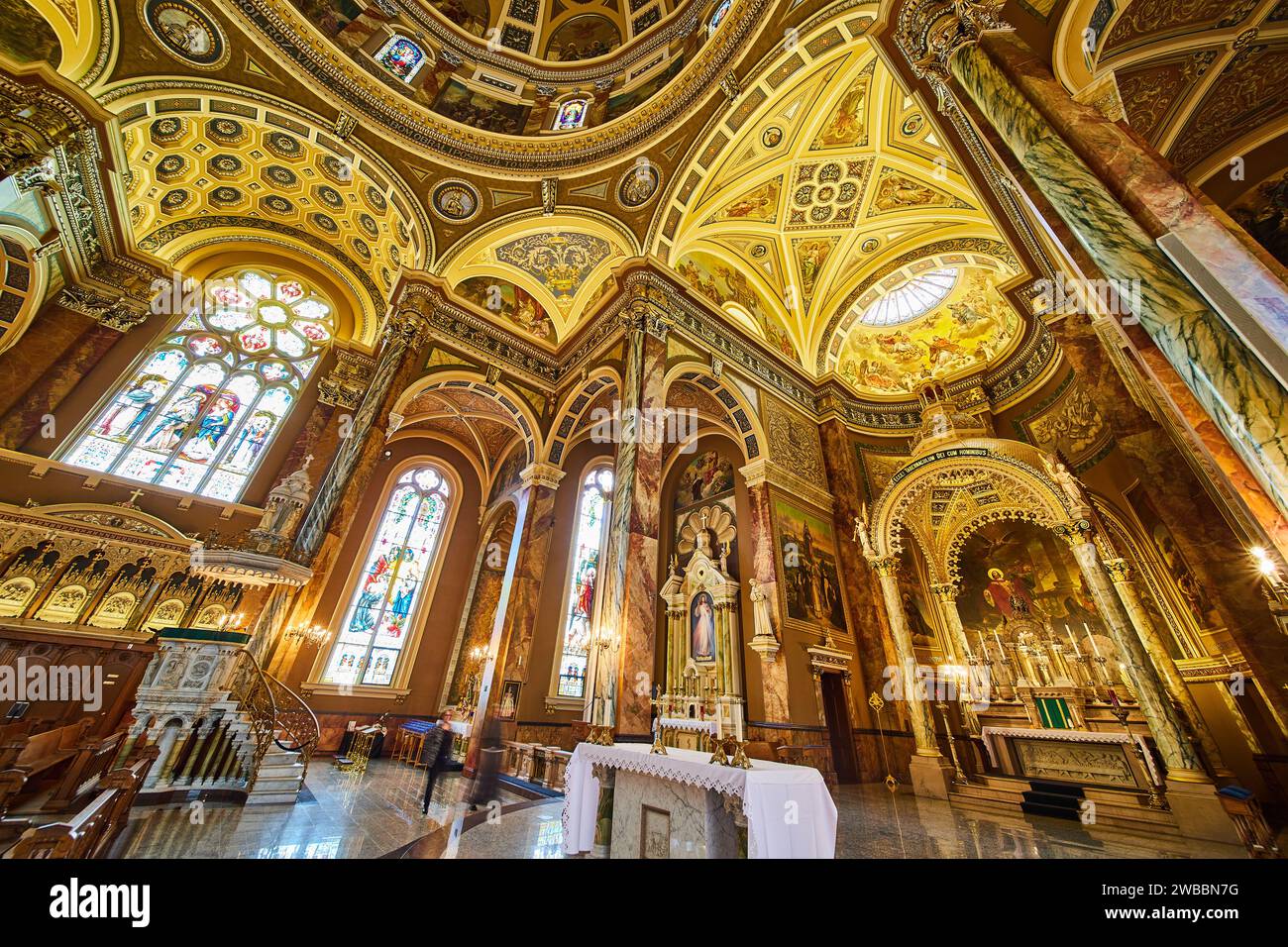 Grand Cathedral Interior with Stained Glass and Ornate Altar Stock ...
