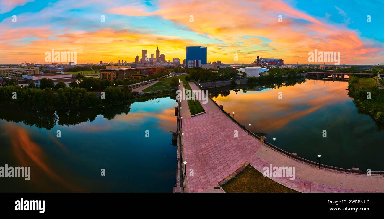 Panoramic Aerial Golden Hour Skyline Reflections on Indianapolis River ...