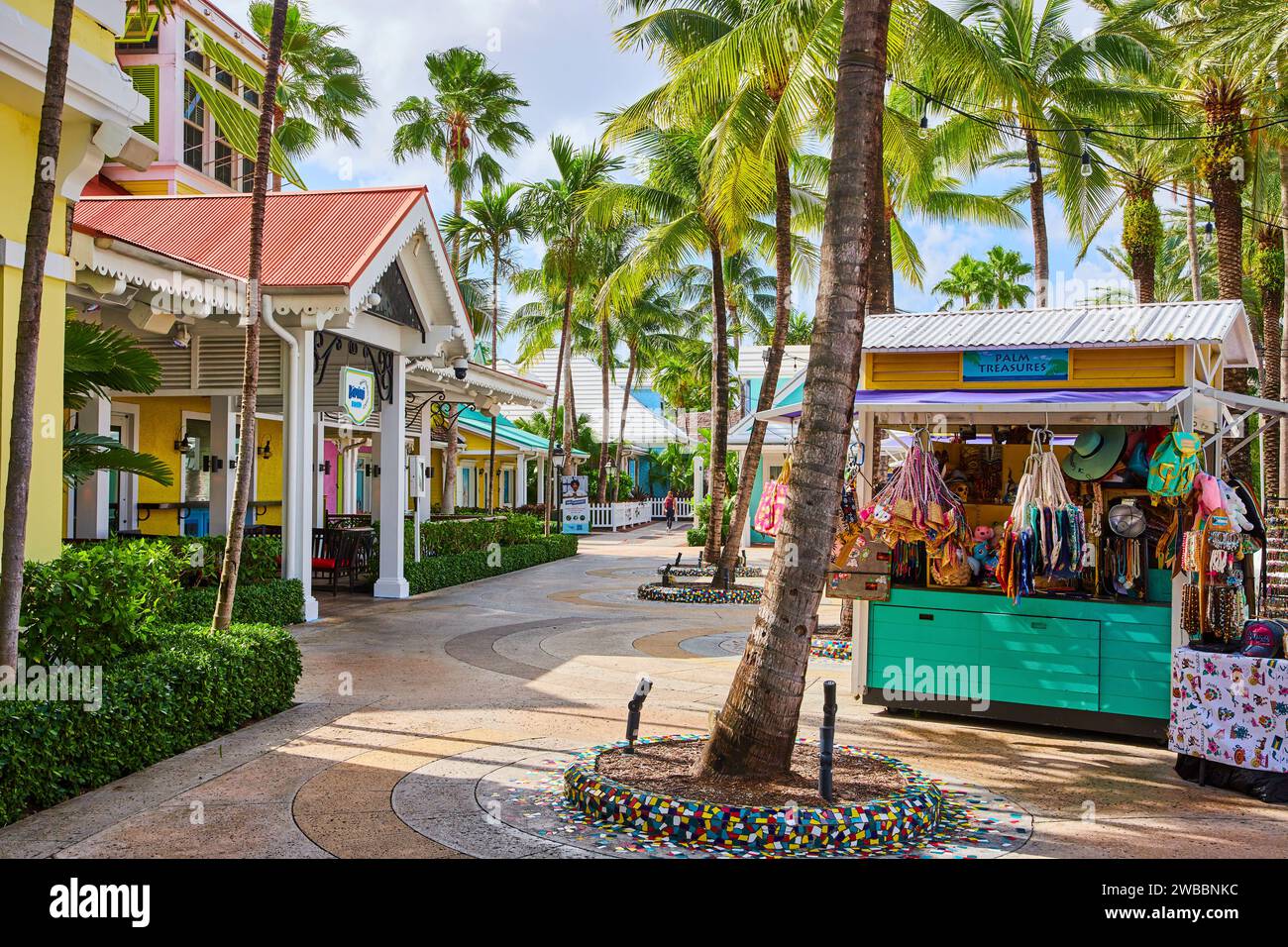 Tropical Shopping Oasis with Palm Trees and Pastel Shops Stock Photo ...