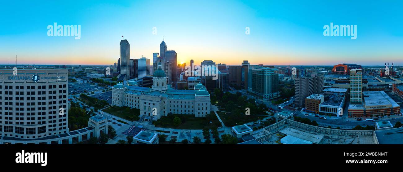 Aerial Sunrise Panorama Over Indianapolis Skyline and Courthouse Stock ...