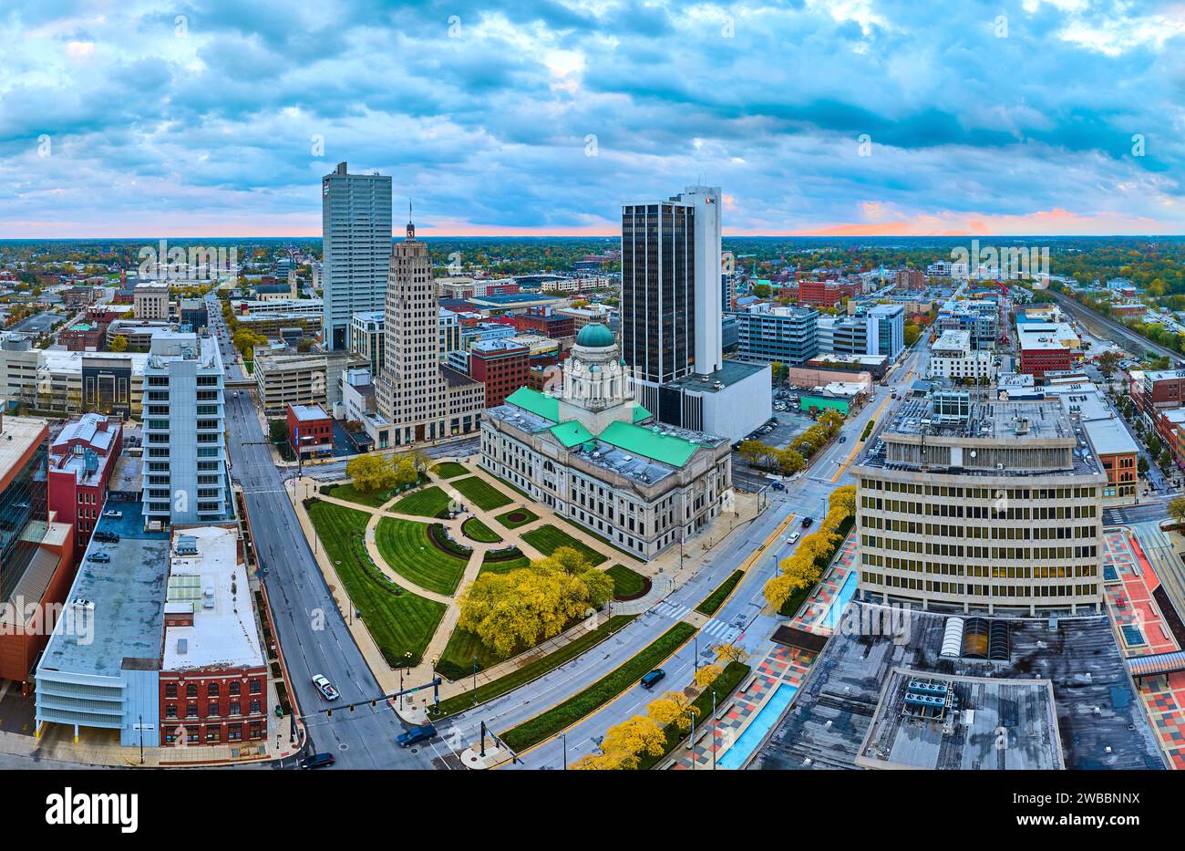 Aerial Panorama Evening Glow on Fort Wayne Courthouse and Skyline Stock ...