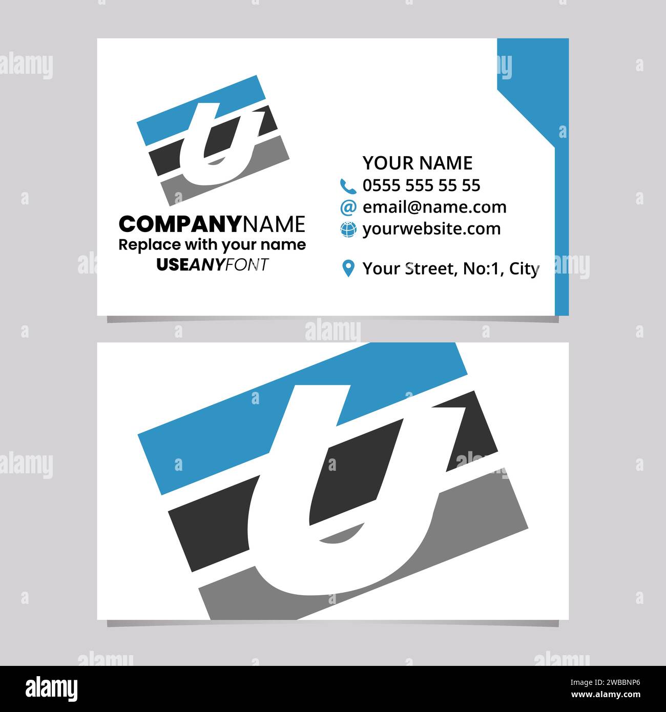 Blue and Black Business Card Template with Rectangular Letter U Logo ...