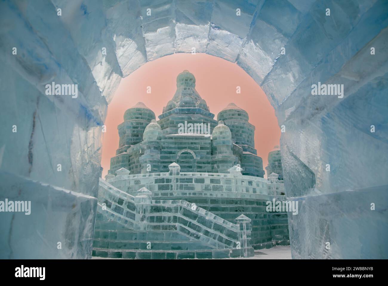 January 1, 2022, HARBIN, CHINA. Ice building in close up during the ...