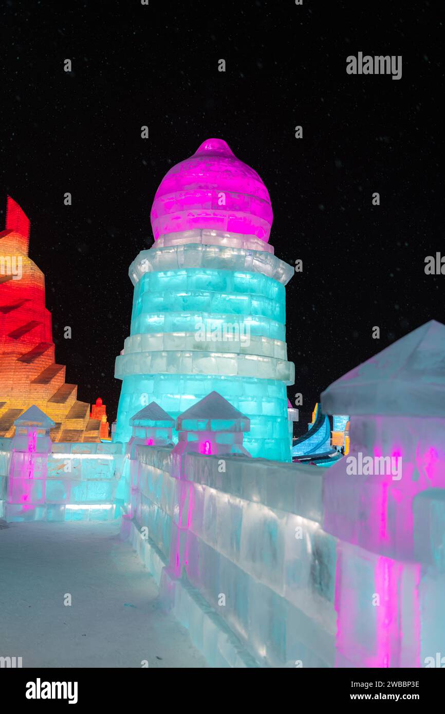 HARBIN, CHINA - January 1, 2022: Spectacular ice castle sculptures at ...