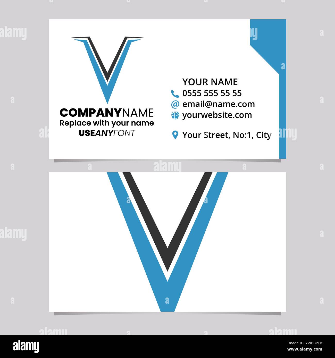 Blue and Black Business Card Template with Spiky Shaped Letter V Logo ...