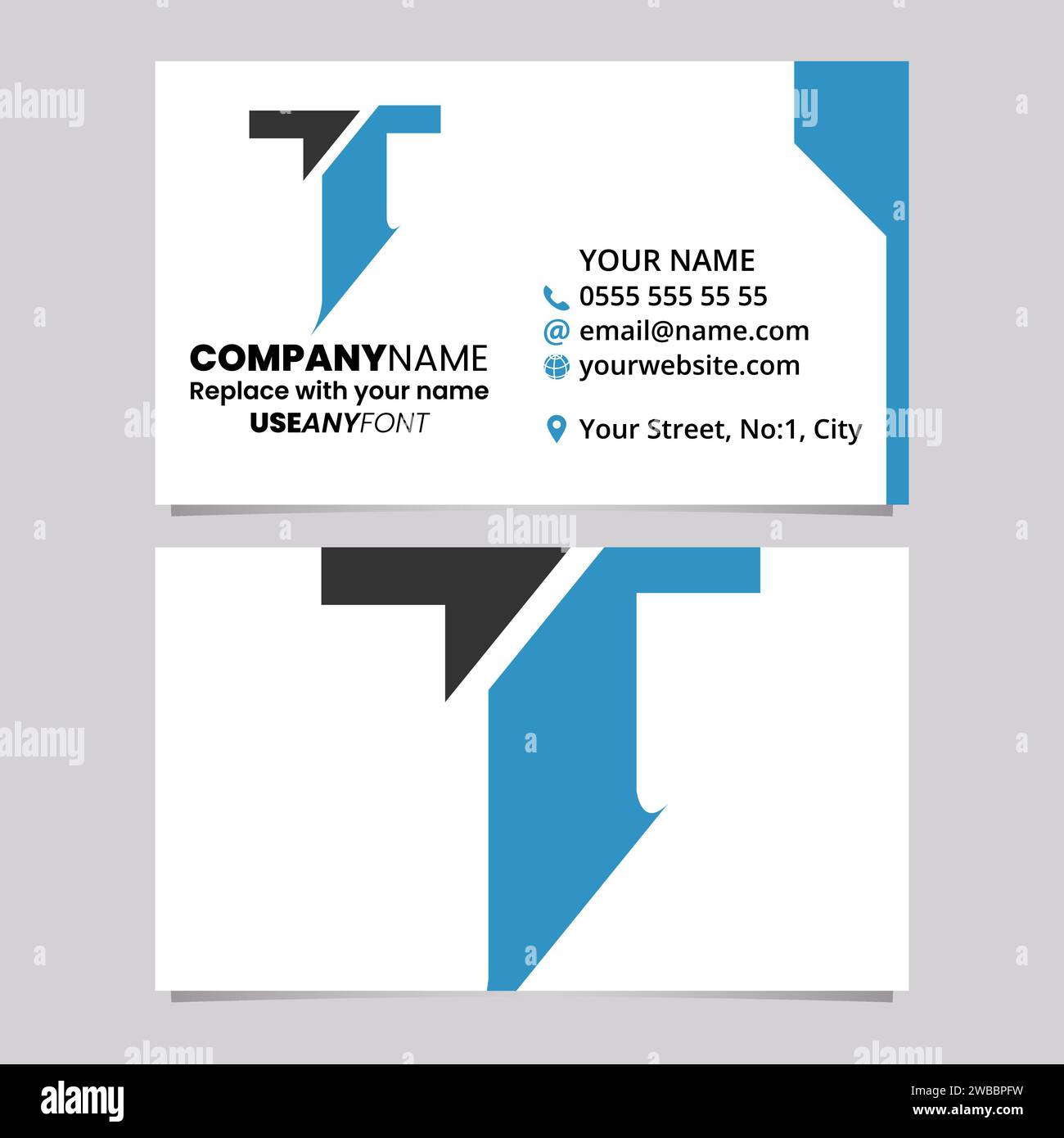 Blue and Black Business Card Template with Split Shaped Letter T Logo ...