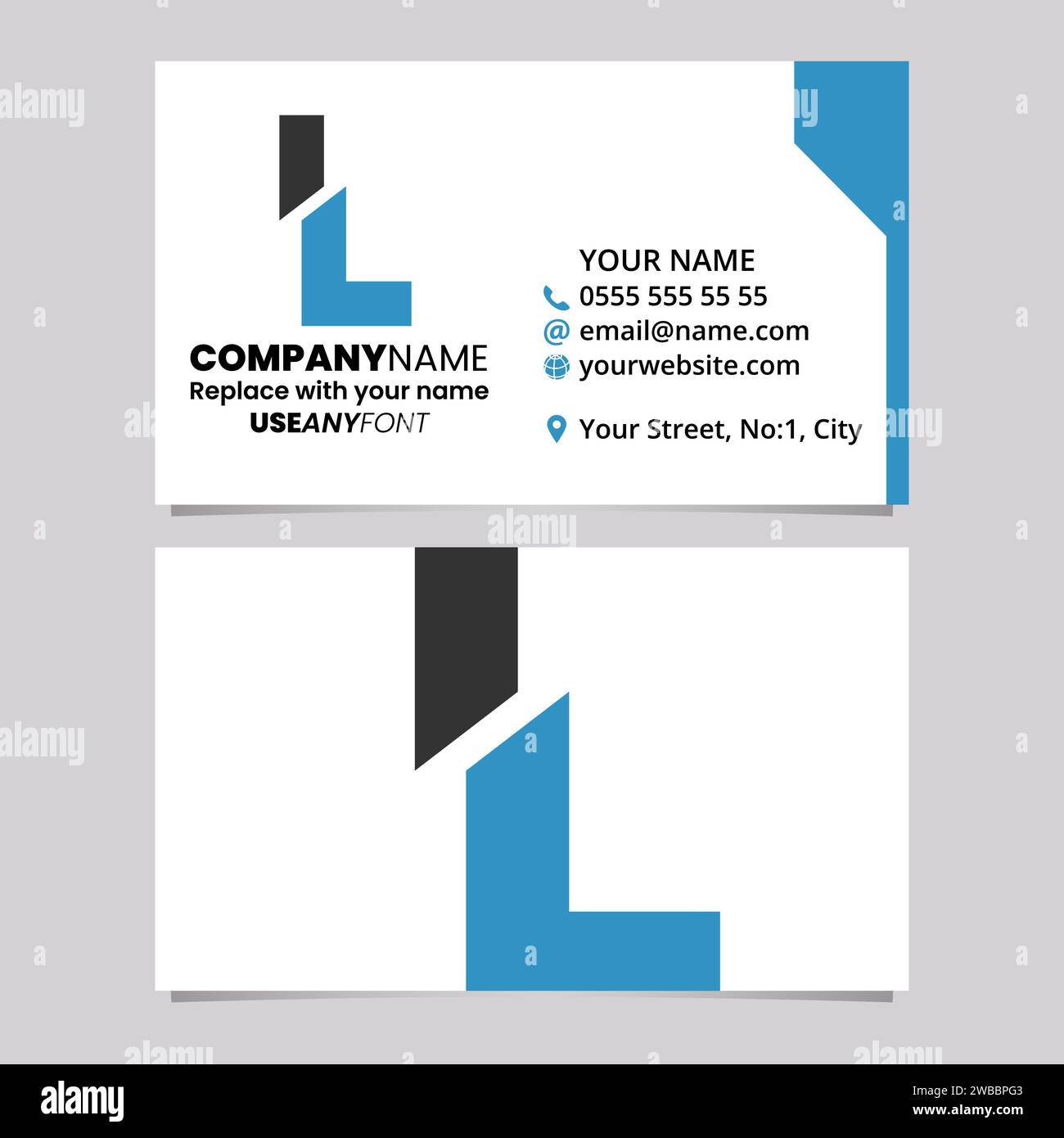Blue and Black Business Card Template with Split Shaped Letter L Logo ...