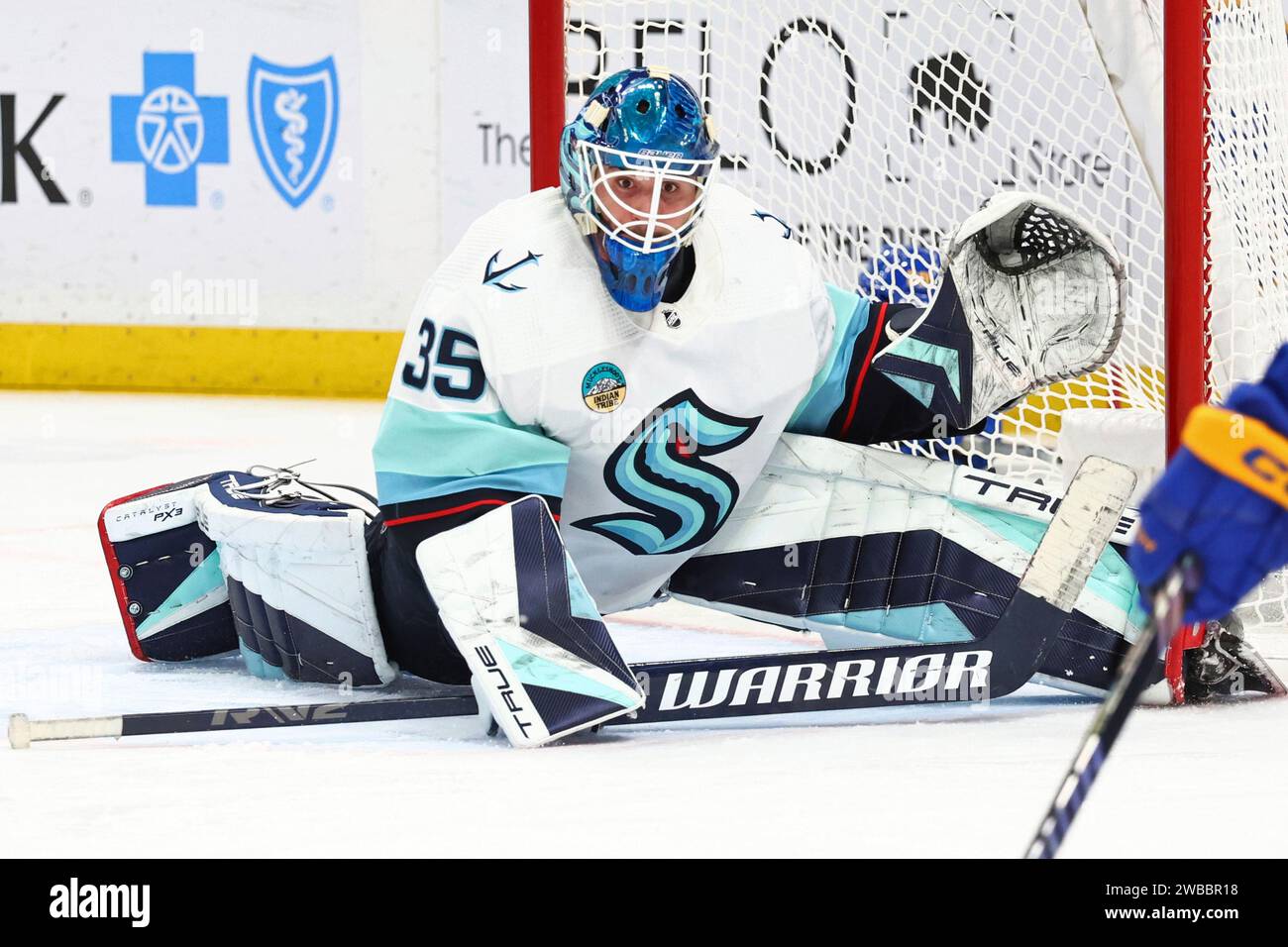 Seattle Kraken goaltender Joey Daccord watches the puck during the ...