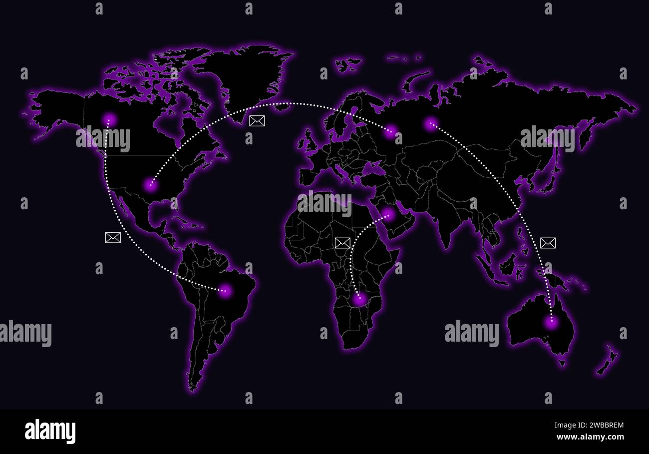 Fast internet connection. World map with letter icons and connected ...