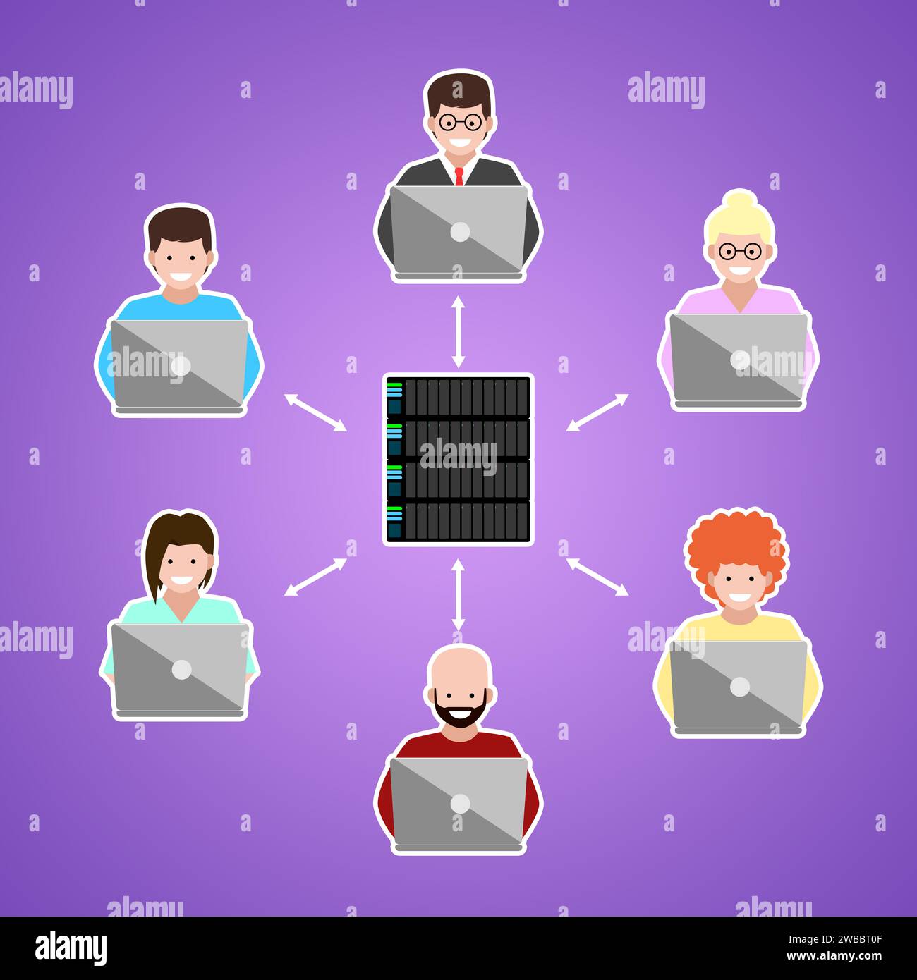 People using laptops connected with server by double arrows on violet ...
