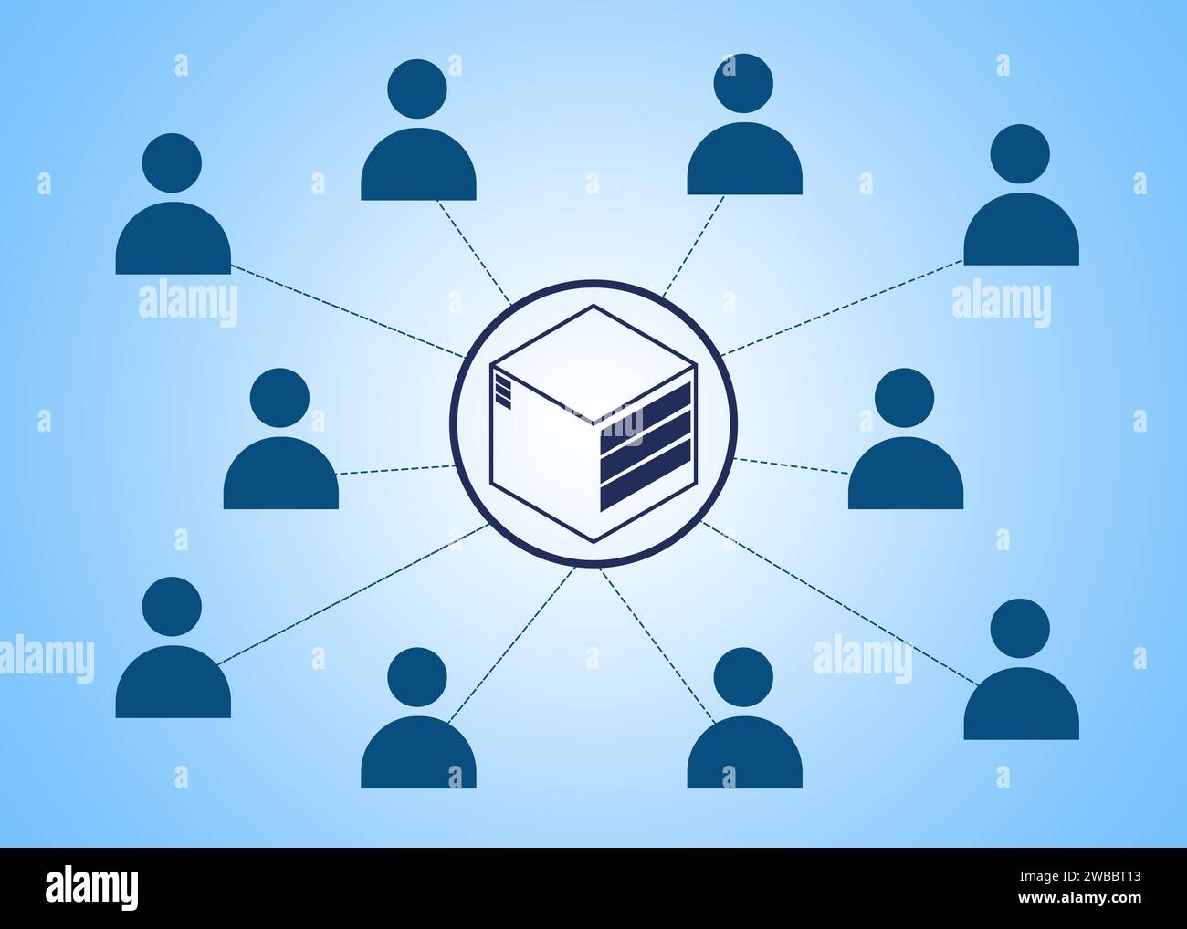 Human icons connected with server on light blue background ...