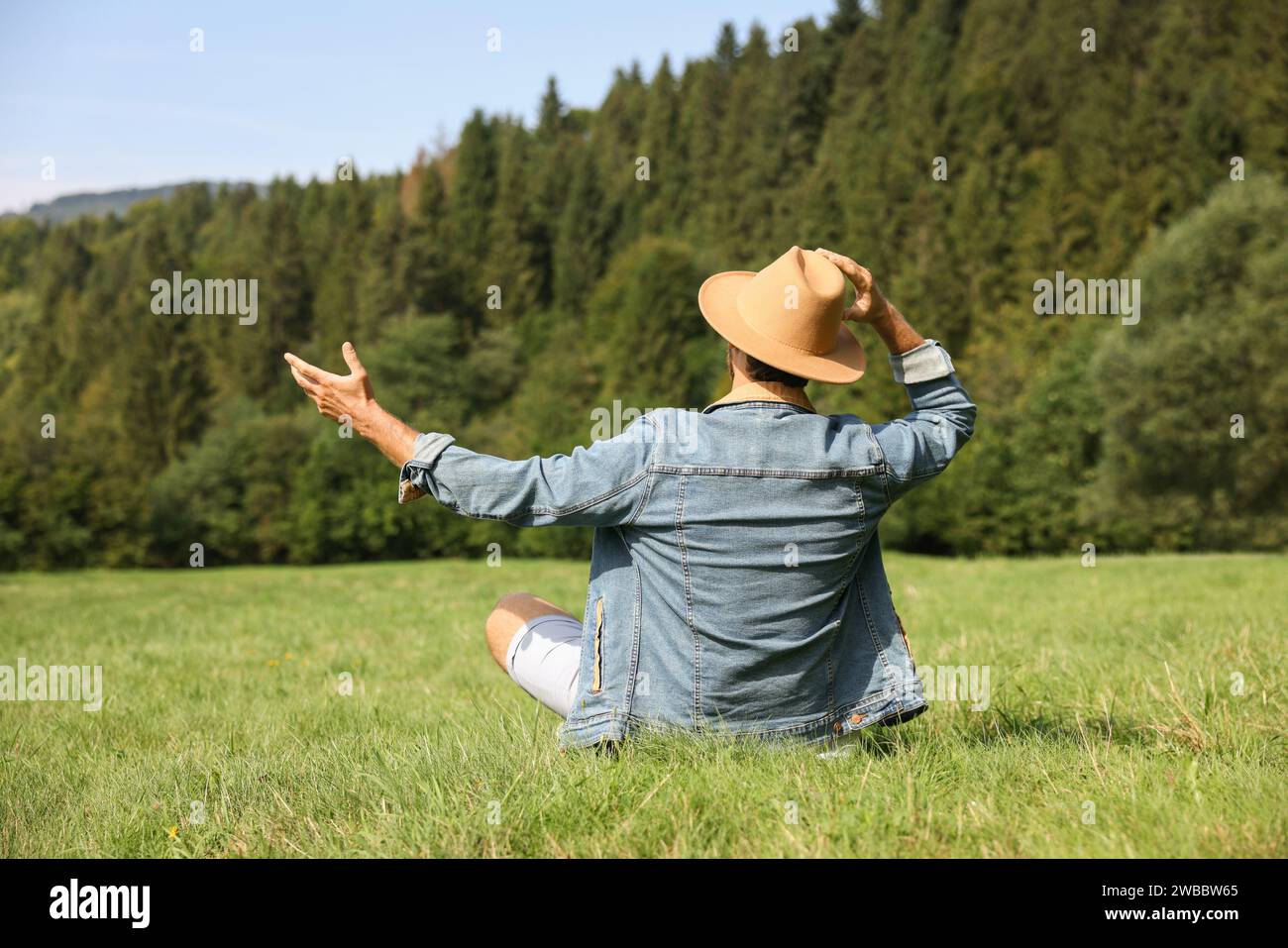 Feeling freedom. Man enjoying nature on green grass outdoors, back view ...