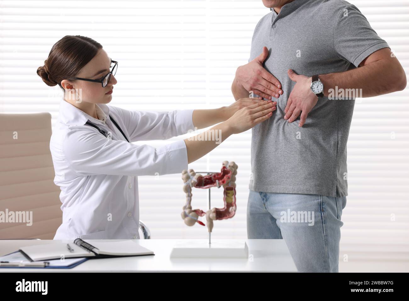 Gastroenterologist examining patient with stomach pain in clinic Stock ...